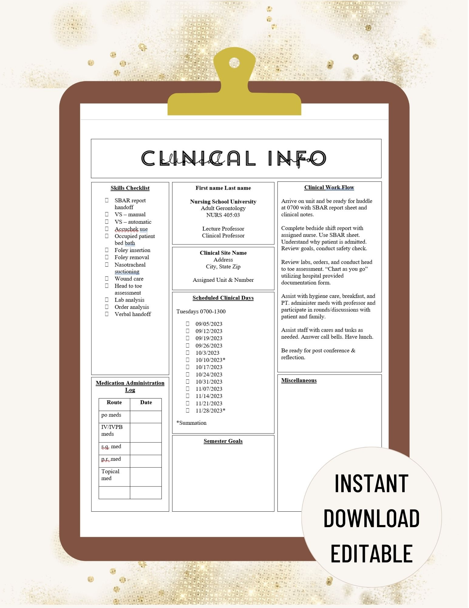 Nursing Student Clinical Info Sheet | EDITABLE Clinical Sheet | New ...