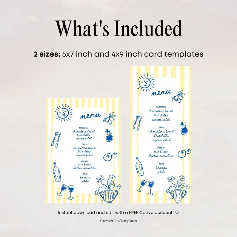 Italian Summer Dinner Party Menu Canva Template Hand Drawn Aesthetic ...