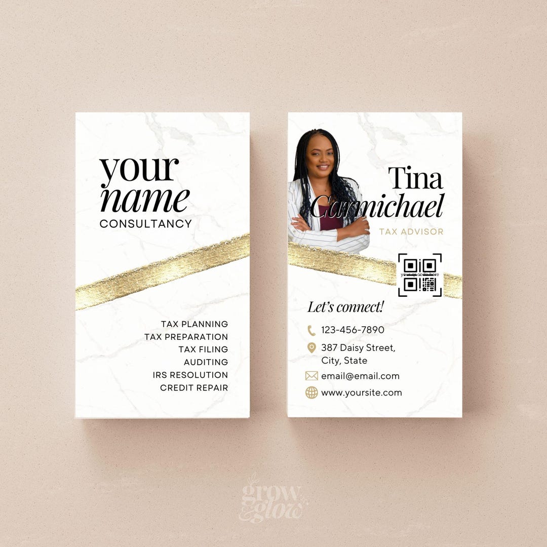 White and Gold Business Cards for Taxes Template Canva Tax Prep ...