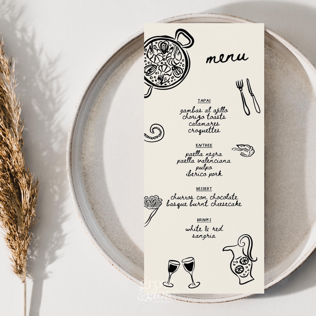 Black Hand-drawn Spanish Dinner Party Menu Canva Template (digital ...