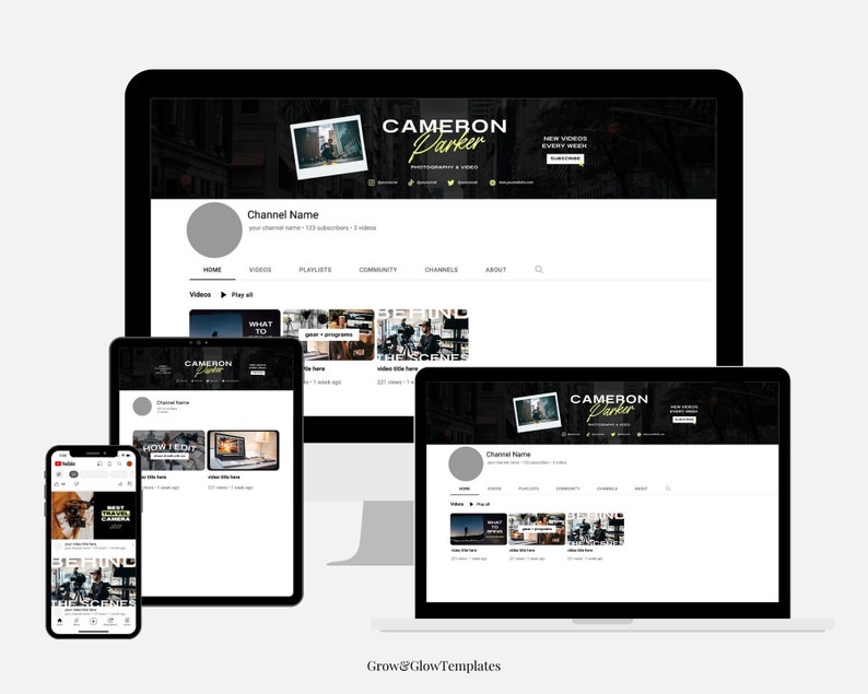 Black Youtube Banner Canva Templates City Photographer Lifestyle Vlog ...