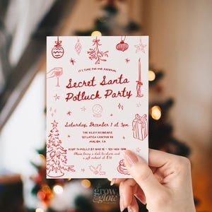 Secret Santa Friendmas Party Invitation Potluck Whimsical Hand Drawn ...
