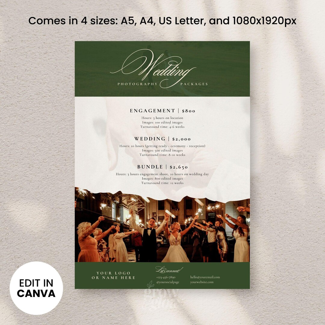 Wedding Photographer Packages Flyer Template Canva (digital Download ...