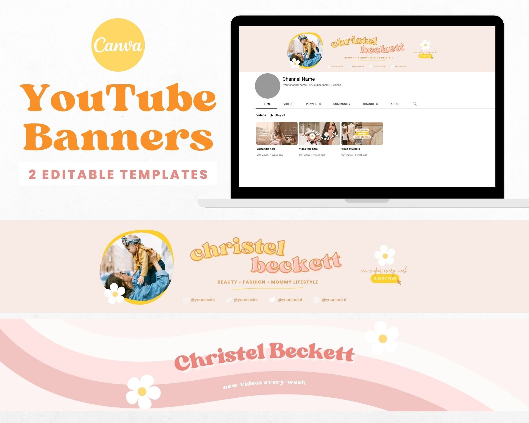 Youtube Banner Modern Templates Canva Pink Youtube Banner for - Etsy