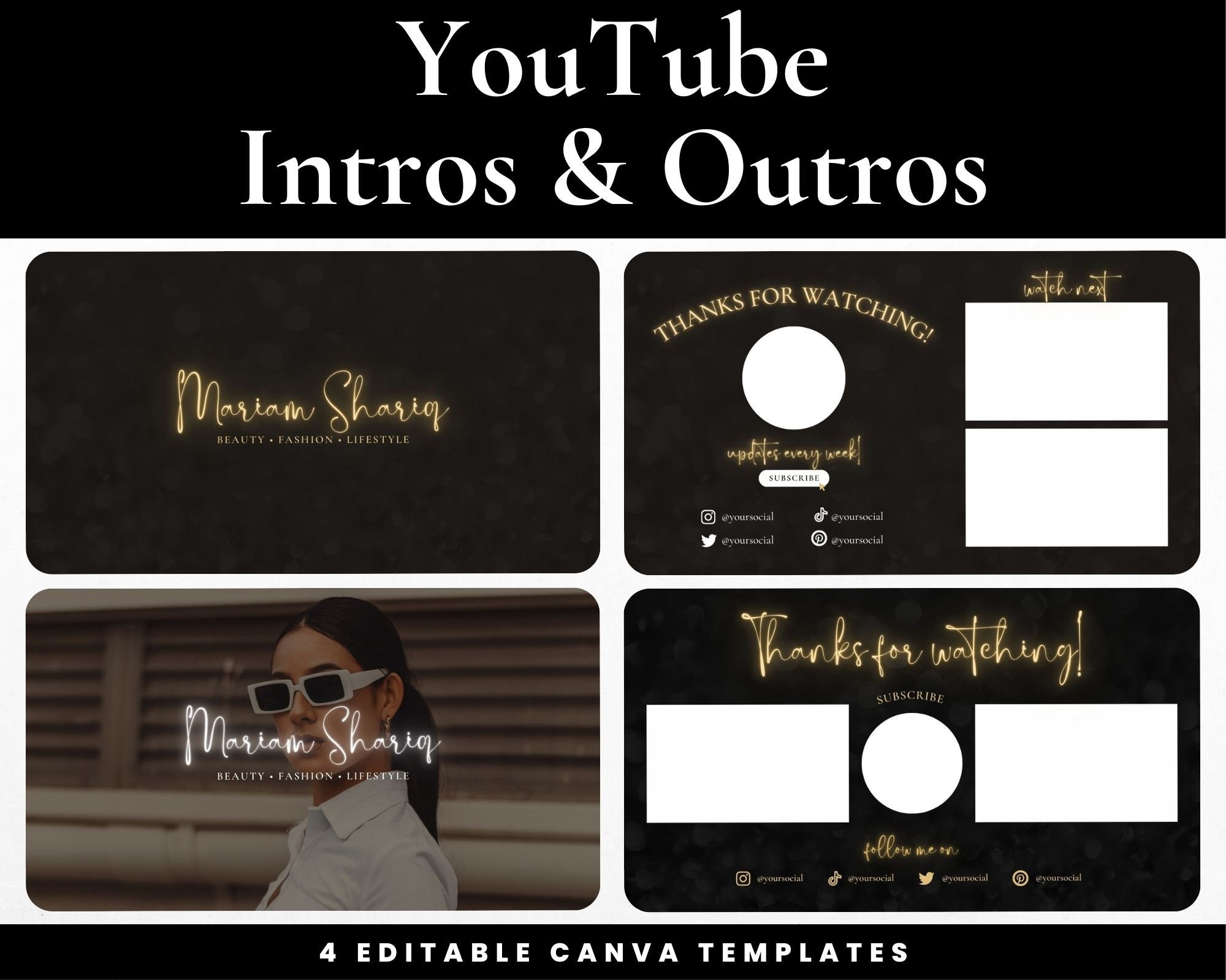 Black and Gold Youtube Intro and Outro Video Canva Canva - Etsy
