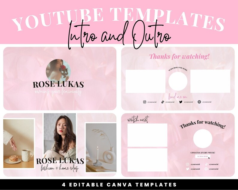 Pink Youtube Intro and Outro Template Canva Youtube Intro and - Etsy