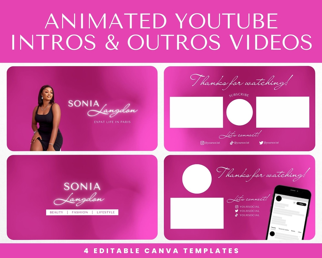 Pink Youtube Intro and Outro Video Template: Animated Canva Design ...