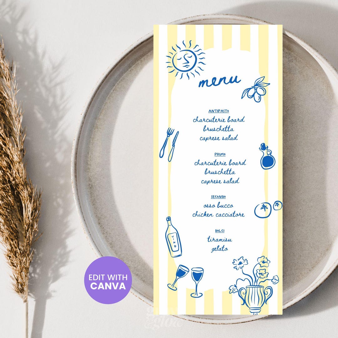 Italian Summer Dinner Party Menu Canva Template Hand Drawn Aesthetic ...