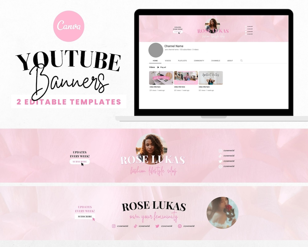 Youtube Banner Pink Youtube Banner Kit Pink Template Canva - Etsy