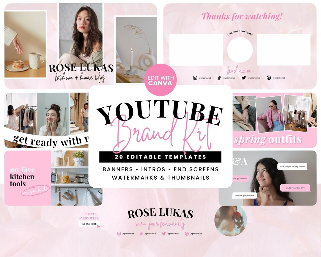 Youtube Brand Kit Pink, Youtube Branding Kit Pink Template Canva, Girly ...