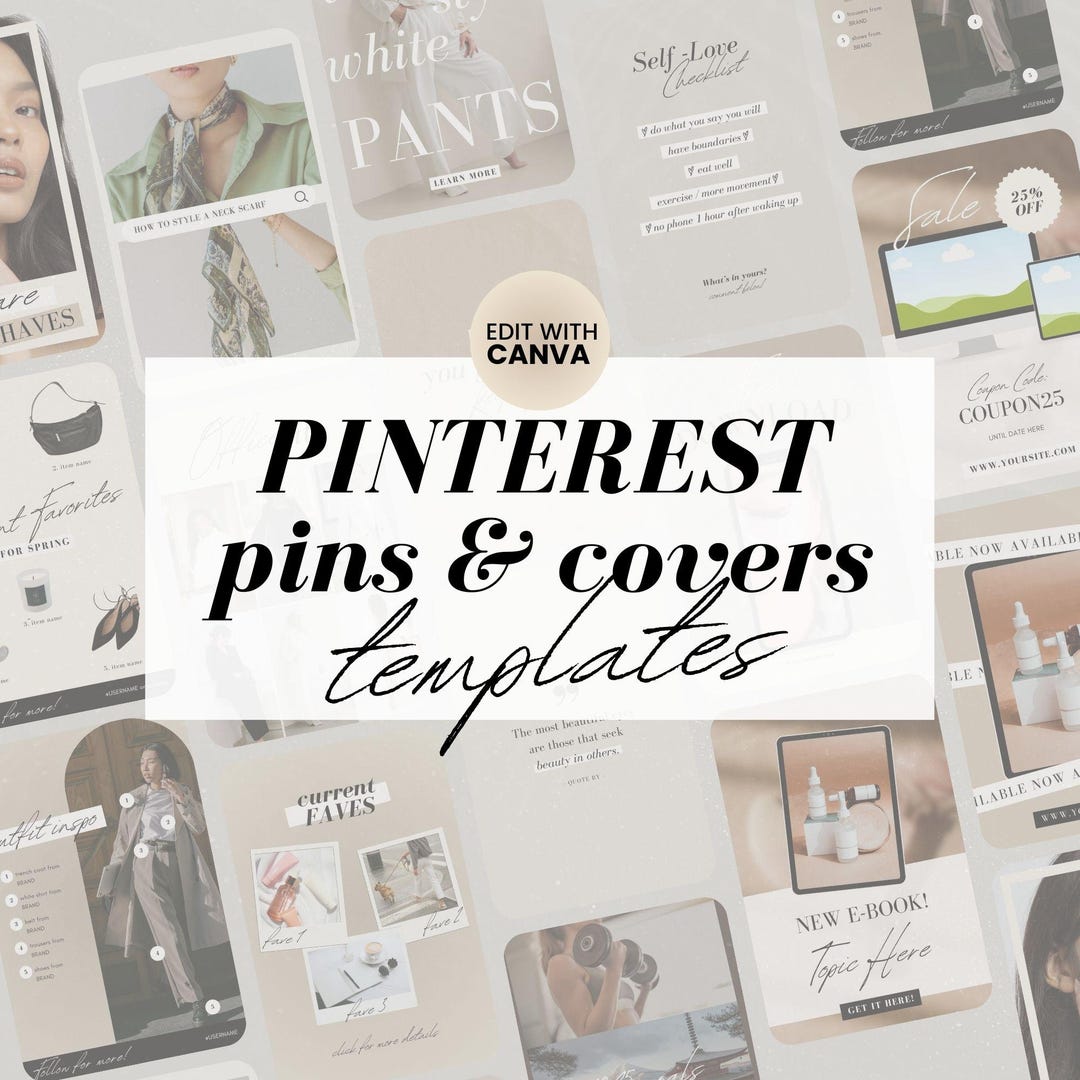 Beige Pinterest Pin Templates Canva, Pinterest Brand Kit Neutral Beige ...