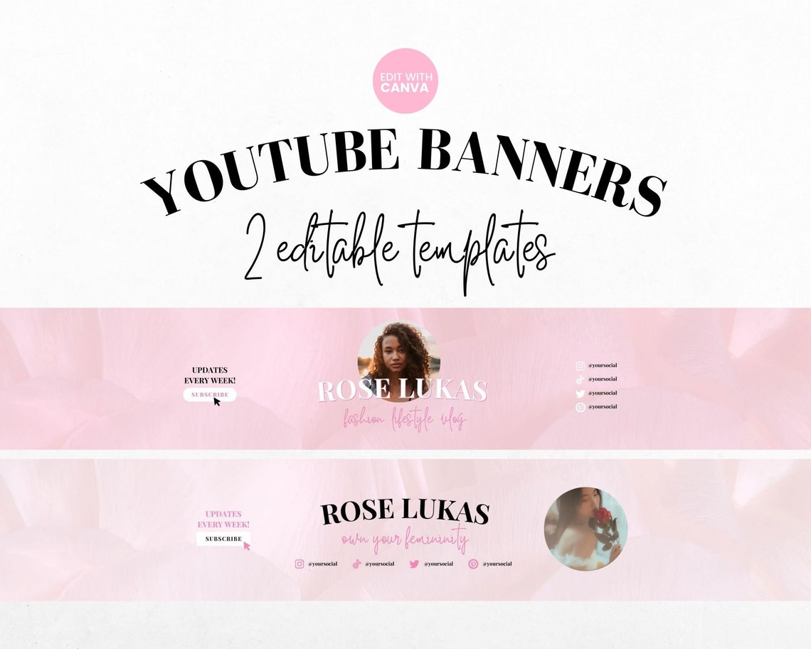 Pink Youtube Banner Kit: Girly Pastel Template (canva) - Etsy