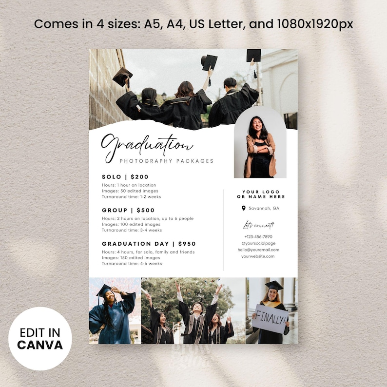 Graduation Photography Flyer Template Canva, Photographer Promotional ...