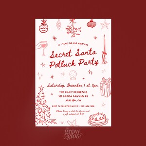 Secret Santa Friendmas Party Invitation Potluck Whimsical Hand Drawn ...