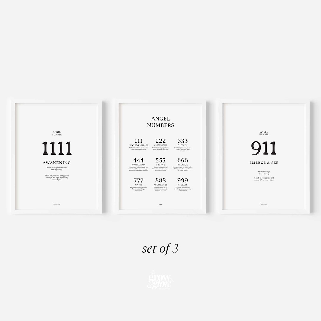 Set of 3 Angel Numbers Wall Art, Angel Numbers Poster, Black and White ...