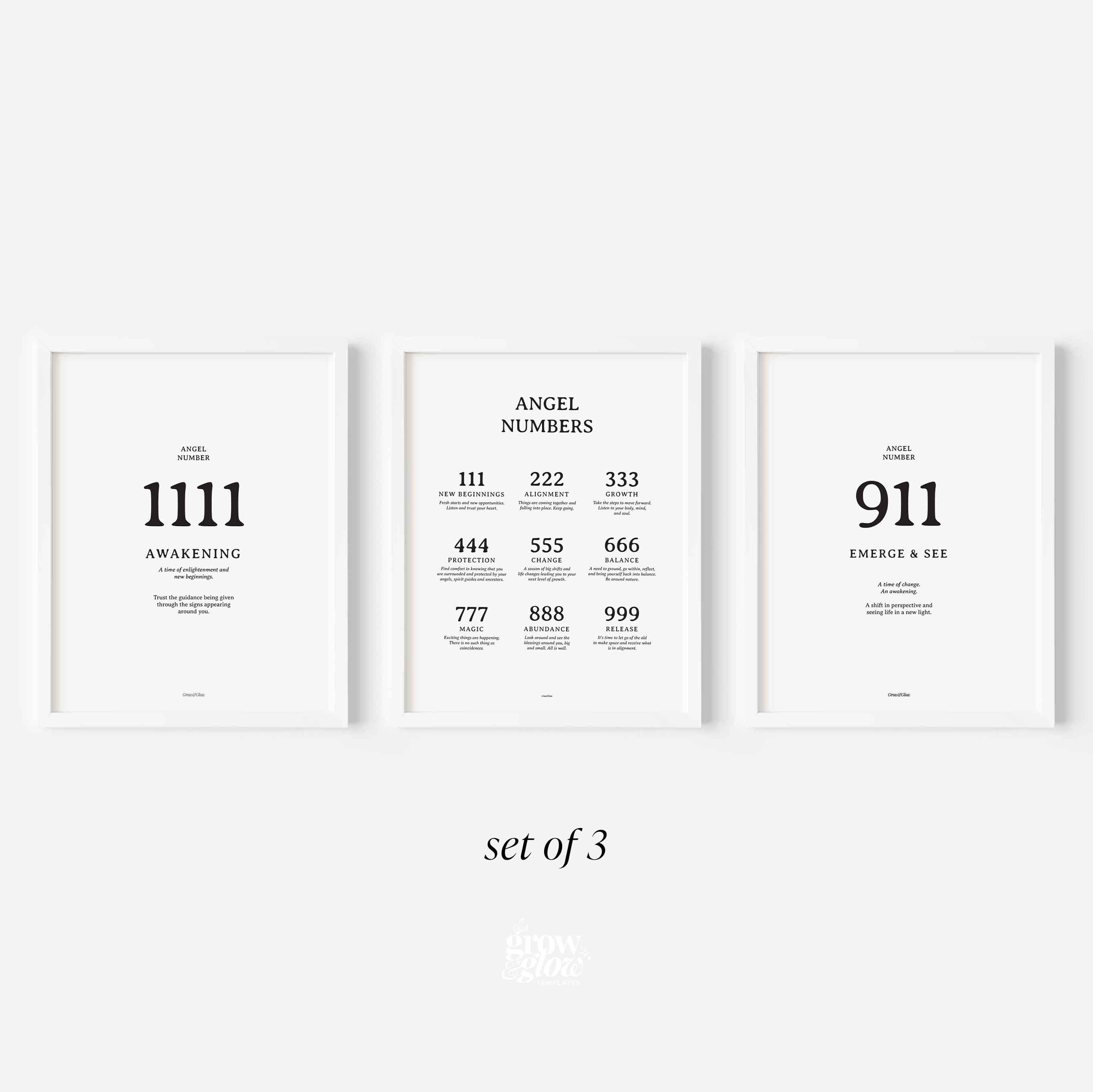 Set of 3 Angel Numbers Wall Art, Angel Numbers Poster, Black and White ...