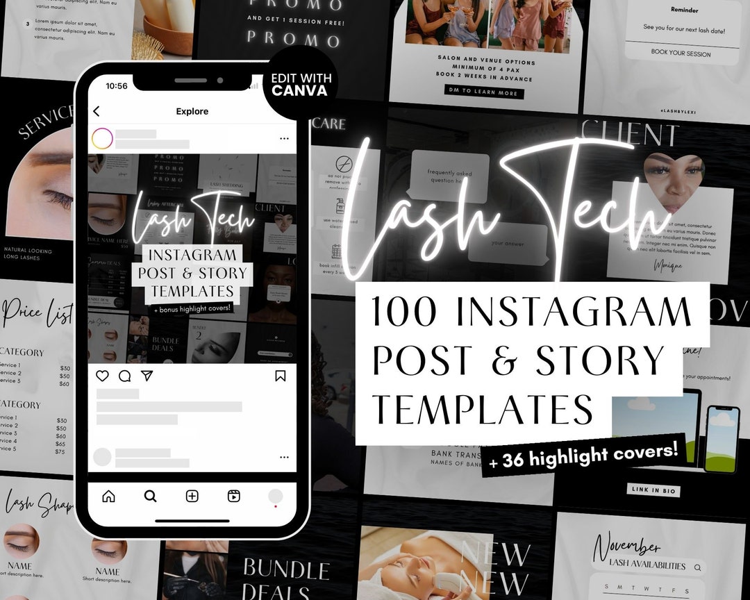 Lash Tech Instagram Post Templates, Black and White Lash Canva ...