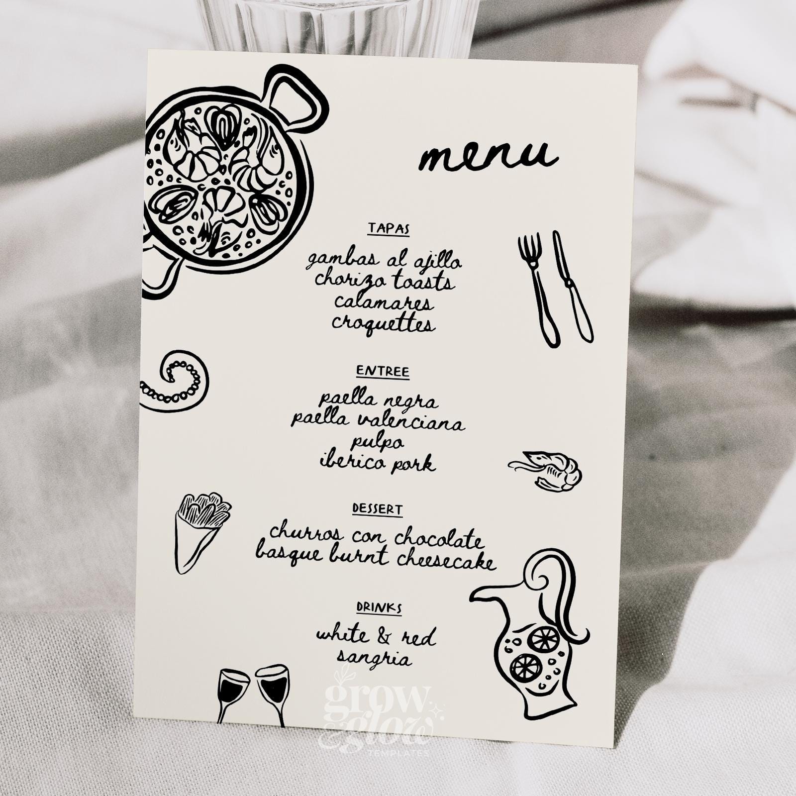 Black Hand-drawn Spanish Dinner Party Menu Canva Template (digital ...