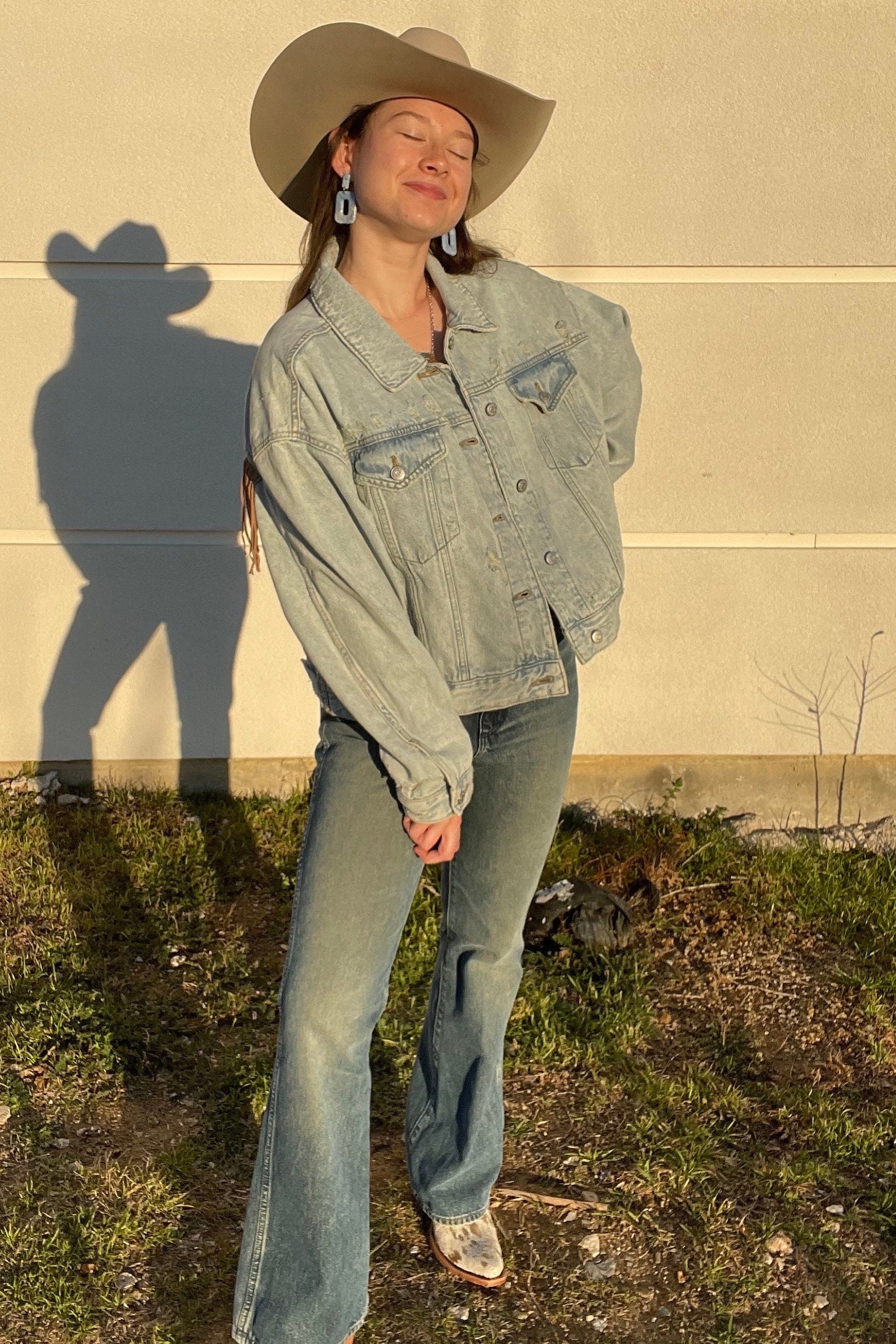 Western Cowprint Fringe Denim Jacket Upcycled Size XL extra Large - Etsy