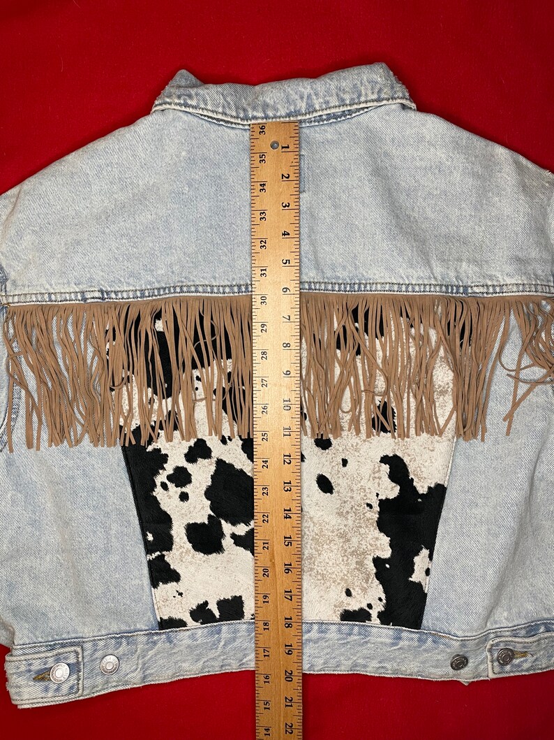 Western Cowprint Fringe Denim Jacket Upcycled Size XL extra Large - Etsy