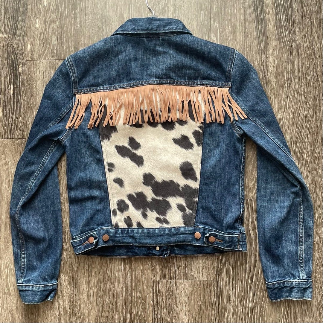 Western Cowprint Fringe Denim Jacket Upcycled Size Small - Etsy