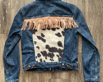 Western Cowprint Fringe Denim Jacket Upcycled Size XL extra Large - Etsy