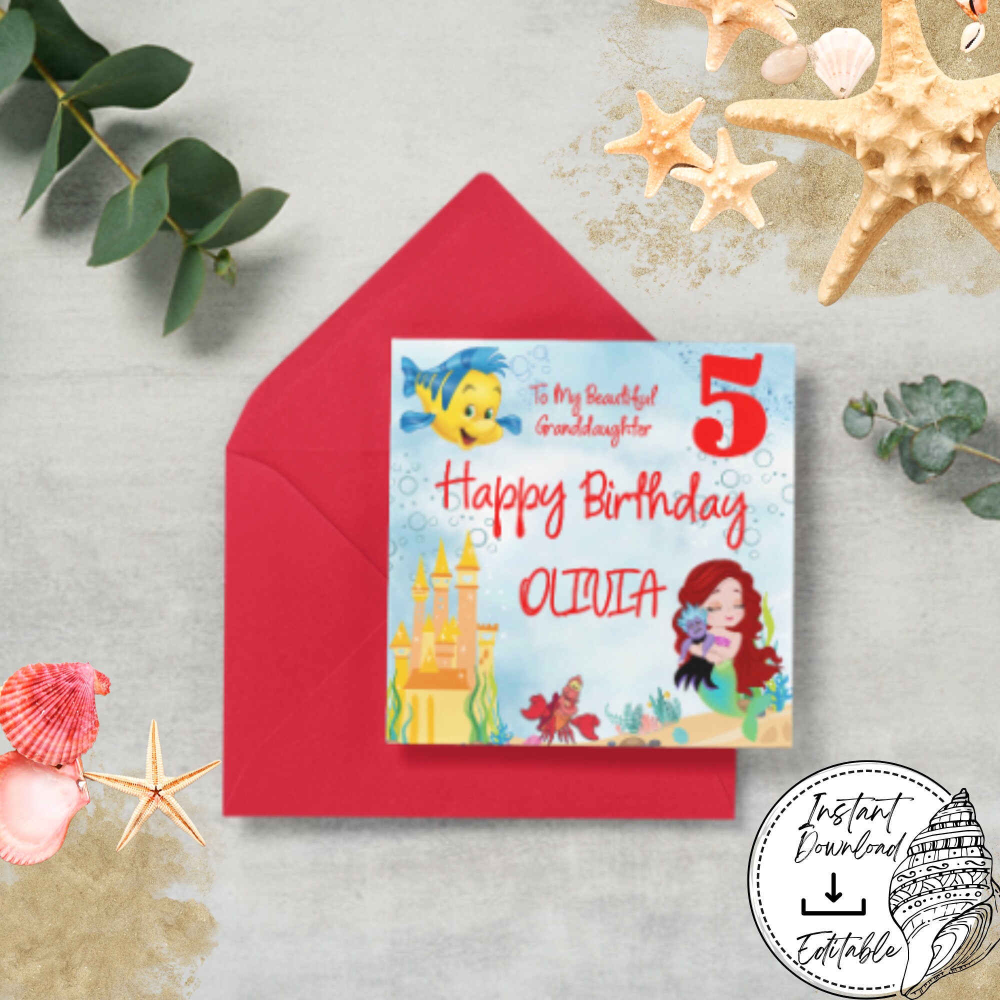 Ariel Birthday Card Digital Download Editable Template - Etsy Australia