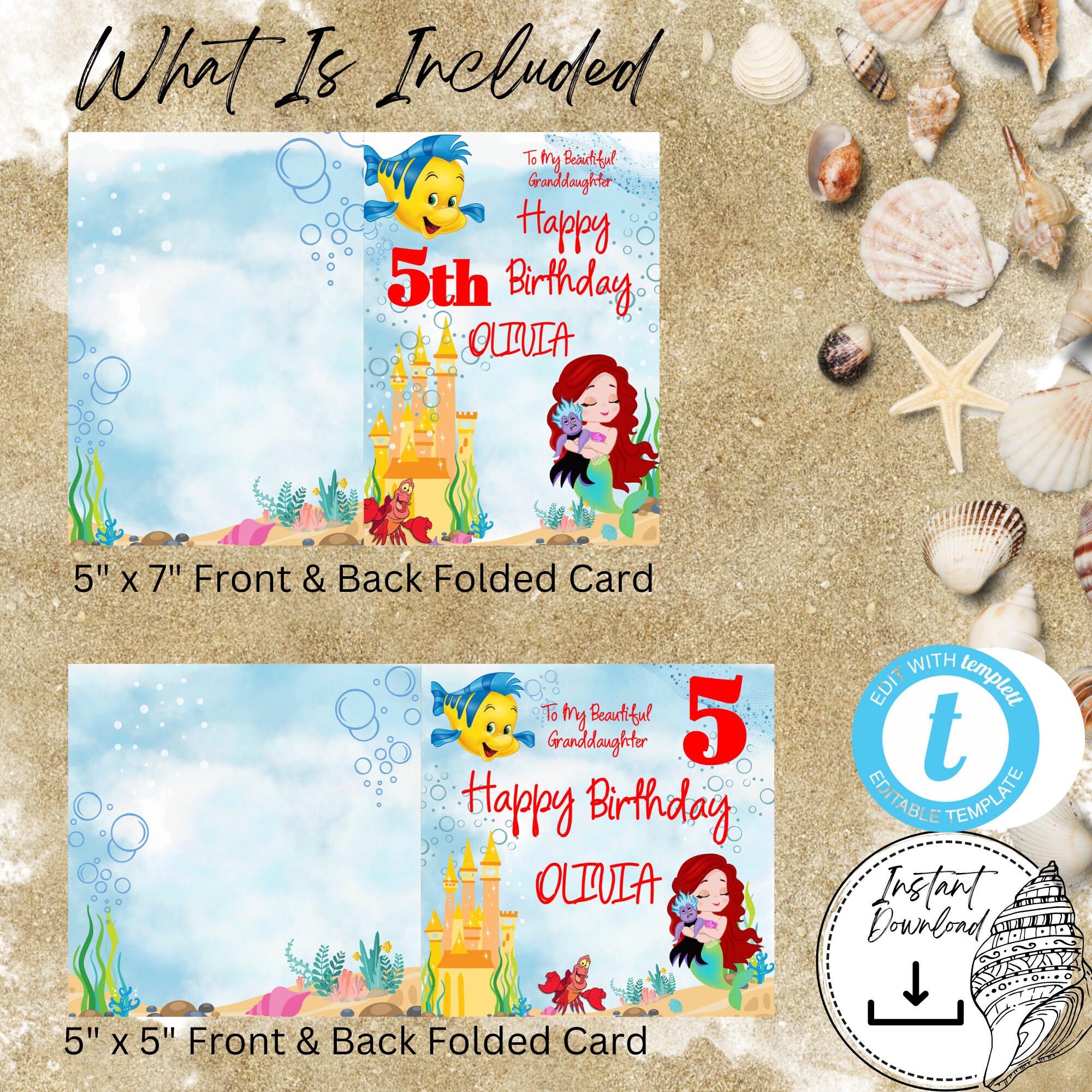 Ariel Birthday Card Digital Download Editable Template - Etsy Australia