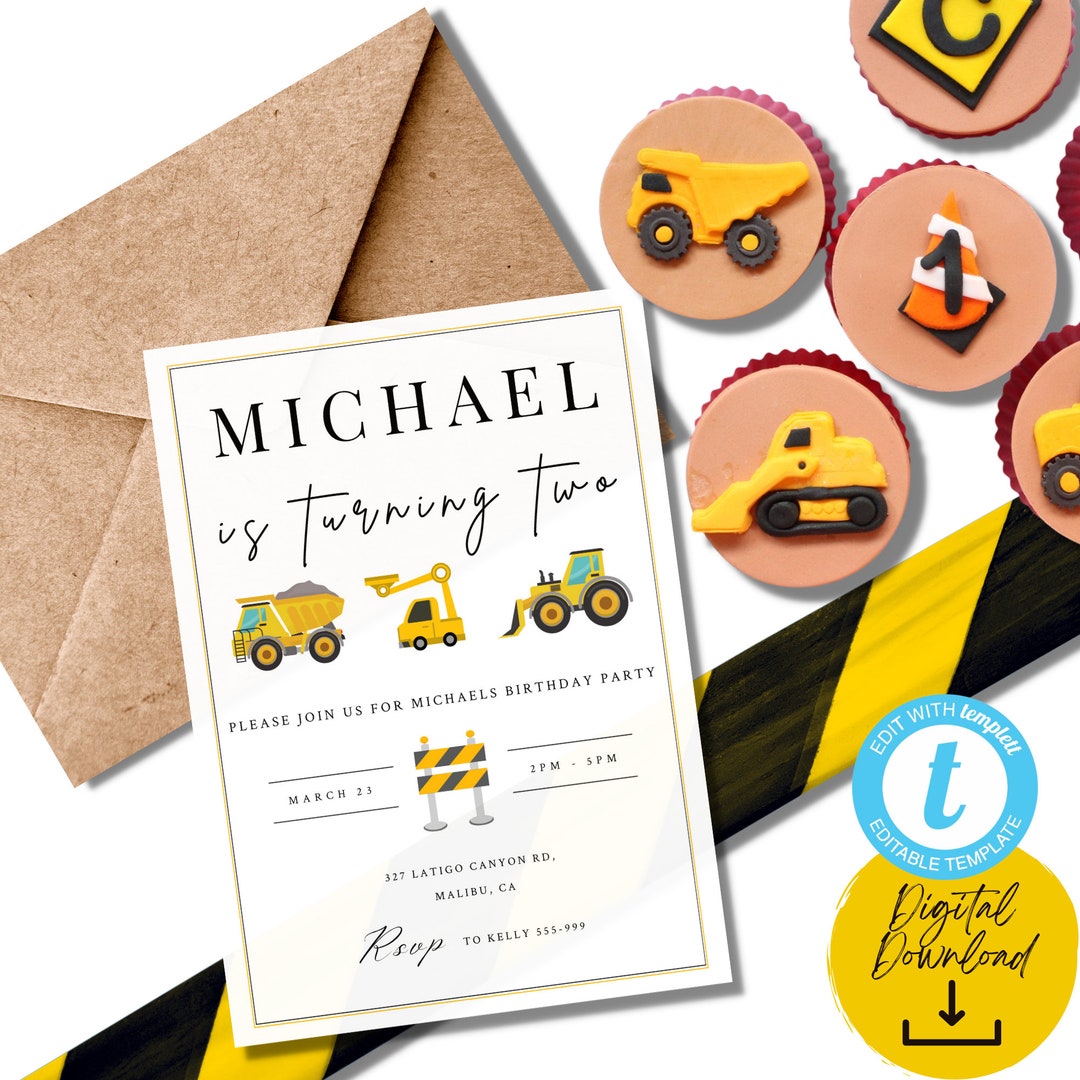 Construction Themed Birthday Invitation Template Editable Invitation ...