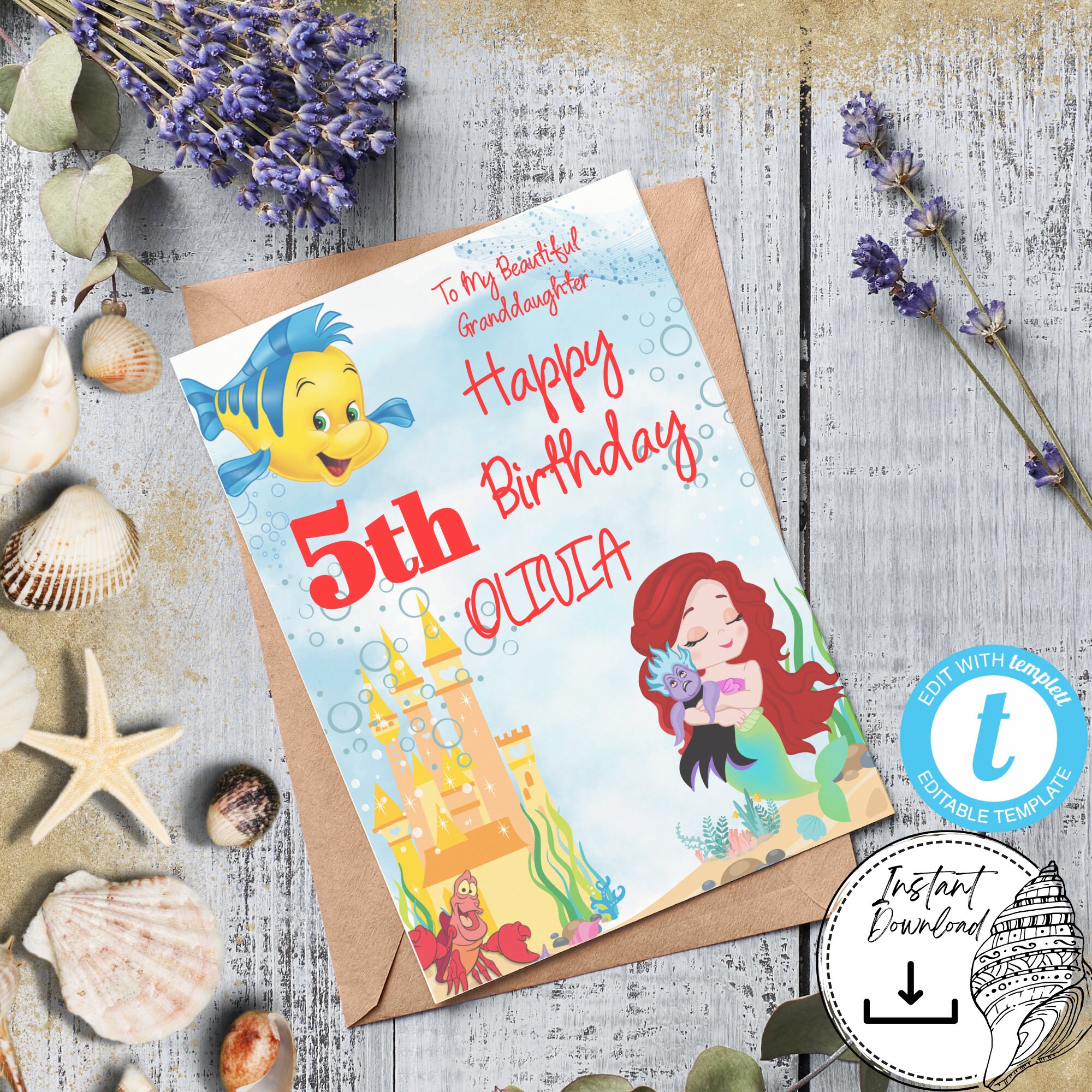 Ariel Birthday Card Digital Download Editable Template - Etsy Australia