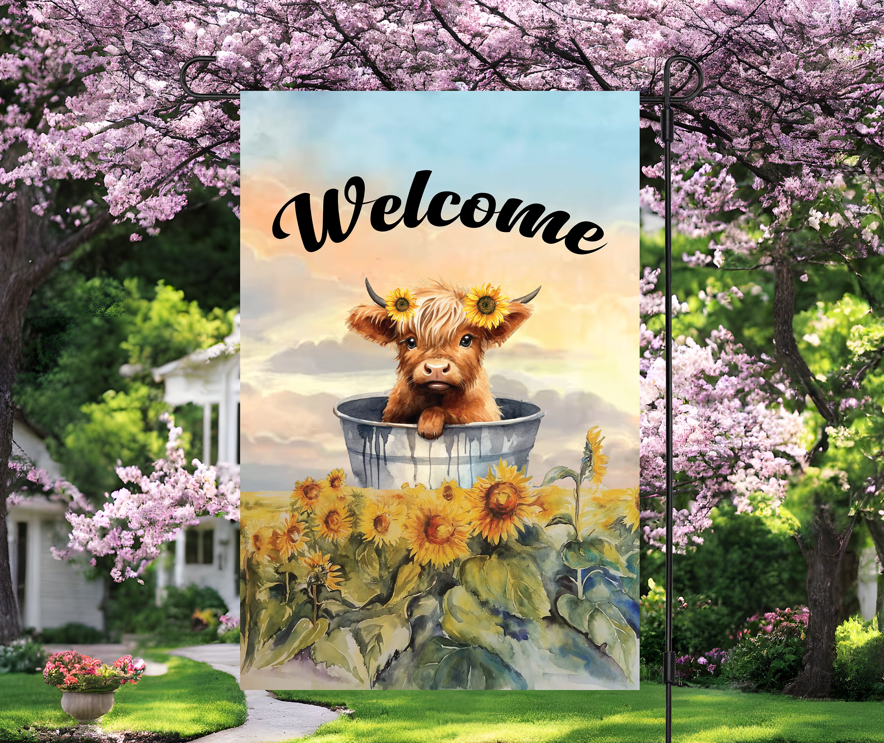 Cute Highland Cow Garden Welcome Flag Cow Garden Flag Cow in - Etsy
