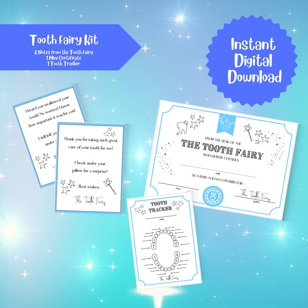 Printable Mini Tooth Fairy Set Blue, Tooth Fairy Note, Tooth Fairy ...