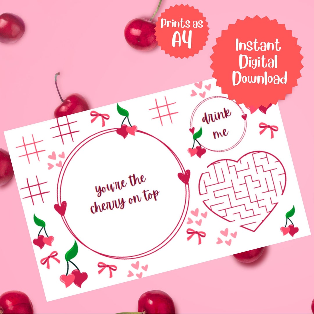 Valentine Coloring Placemat, Cherry Coloring Placemat, Cherry Valentine ...