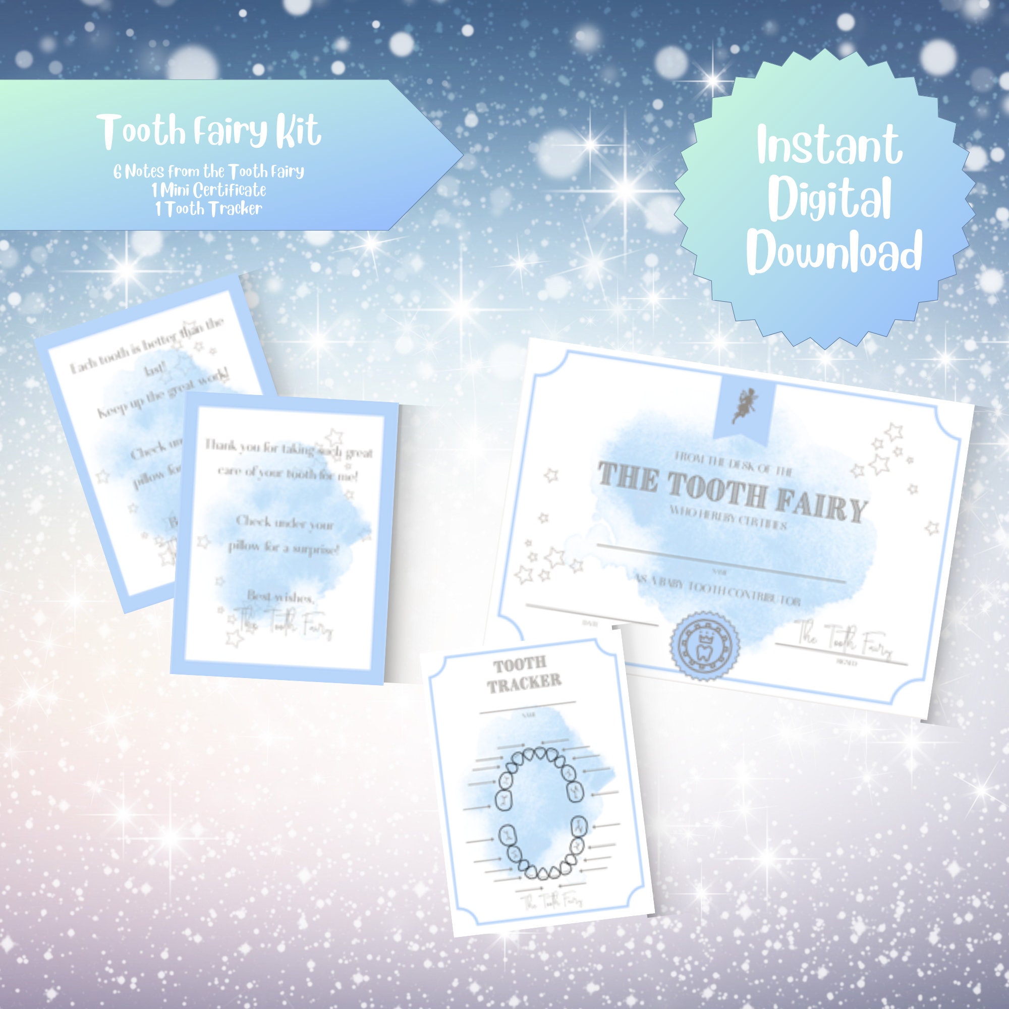 Printable Mini Tooth Fairy Set Blue, Tooth Fairy Note, Tooth Fairy ...
