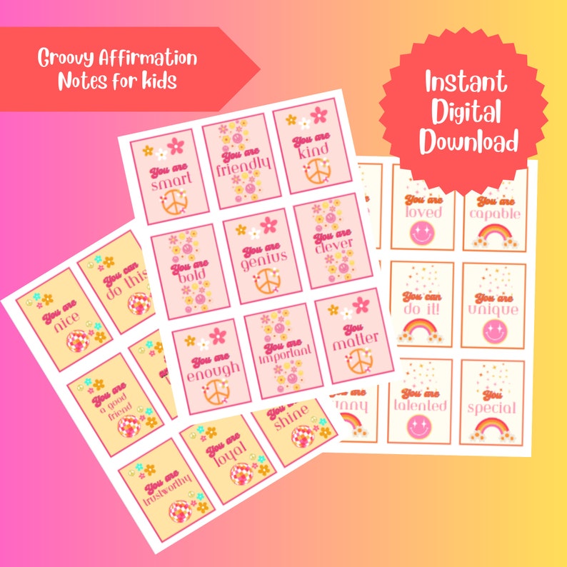Back to School Kids Affirmations, School Lunch Notes, Groovy Retro ...