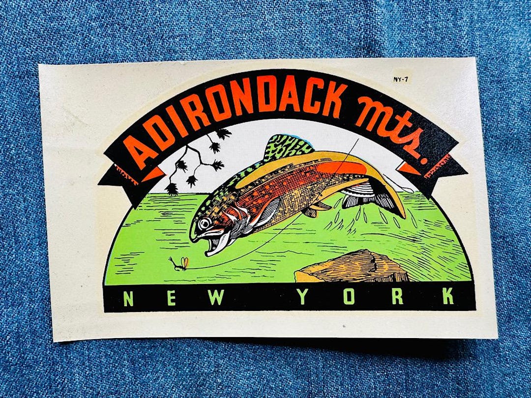Vintage Adirondack Mountains New York Souvenir Fishing Decal Transfer ...