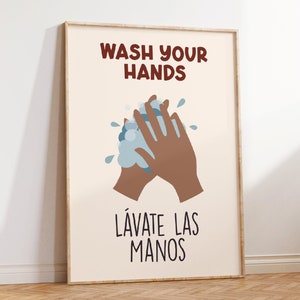 Wash Your Hands Bilingual Spanish, Restroom Art, Wall Art, Classroom ...