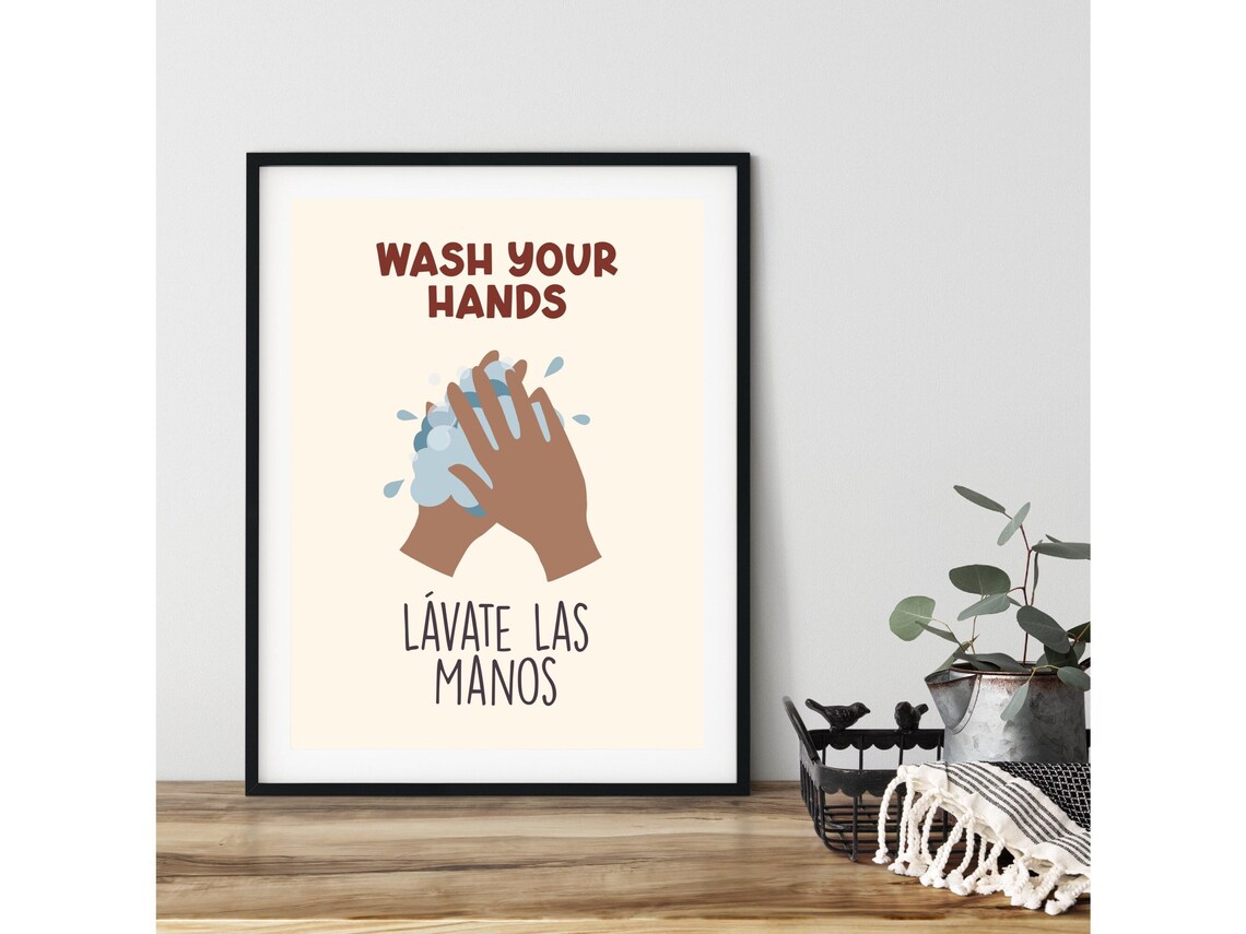 Wash Your Hands Bilingual Spanish, Restroom Art, Wall Art, Classroom ...