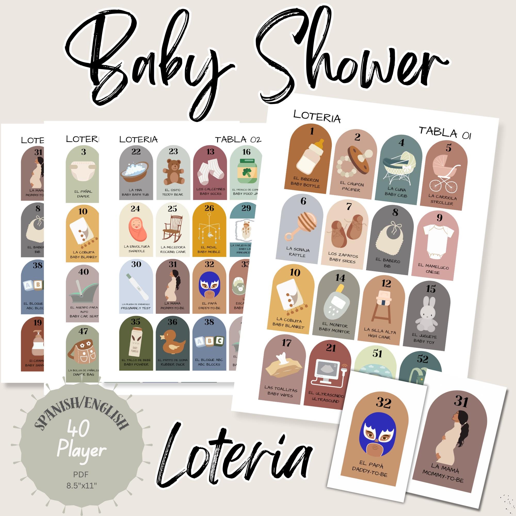 Bilingual Baby Shower Loteria Game: 40 Unique Boards (PDF Download) - Etsy