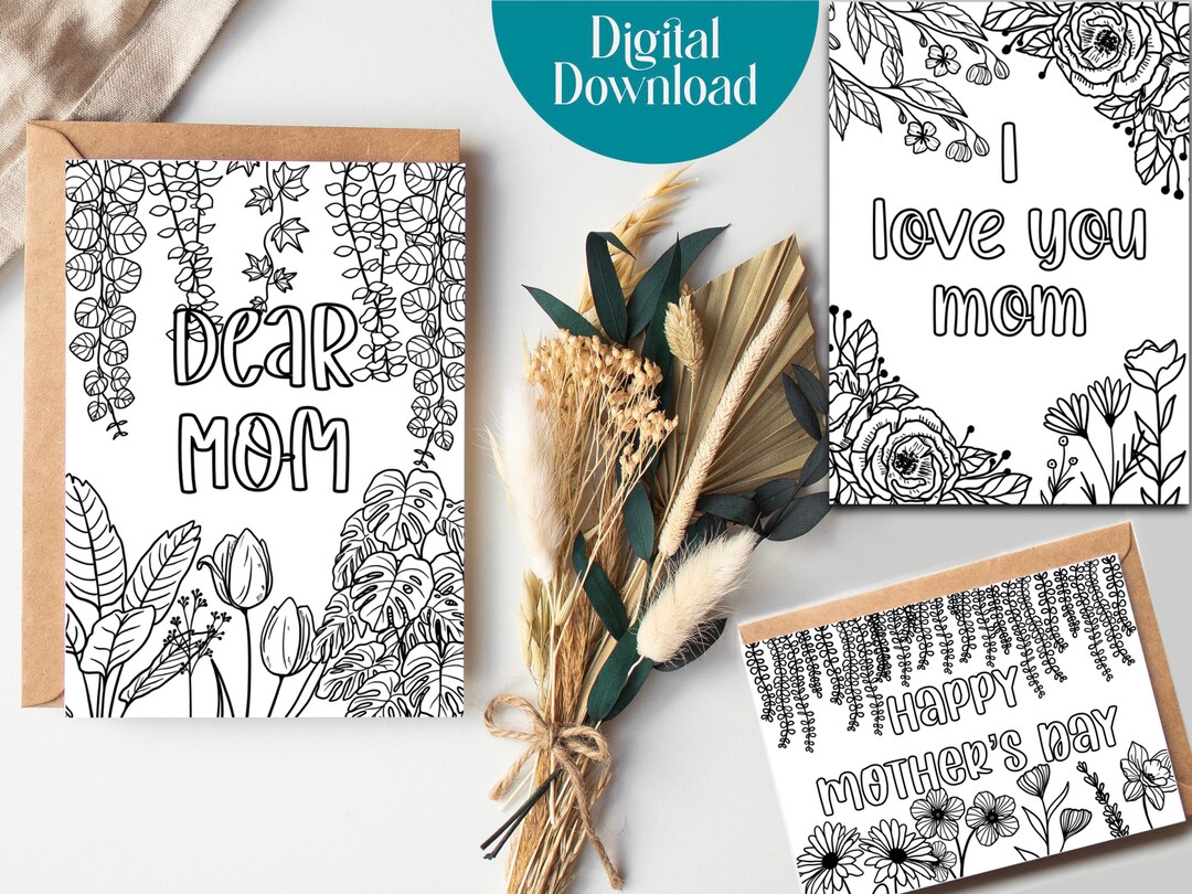 Coloring Mothers Day Card, Printable Mothers Day Card, Coloring Happy ...