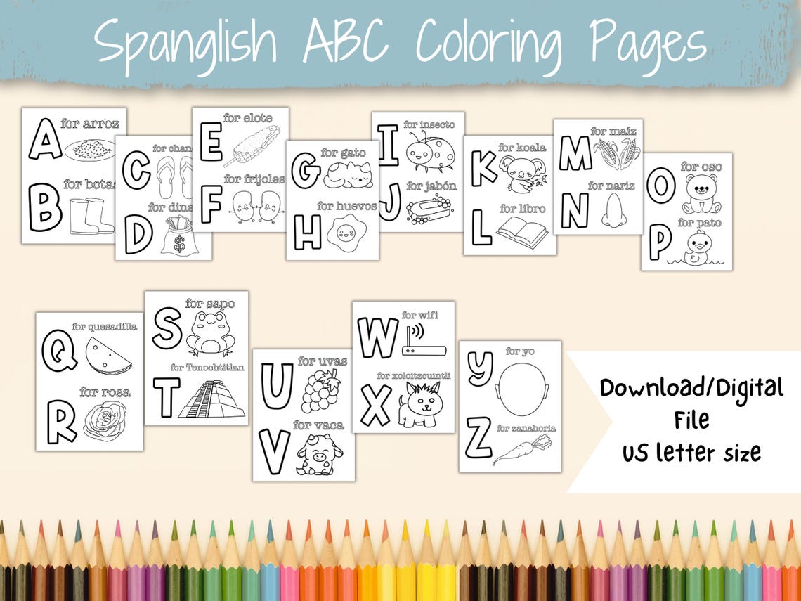 Spanglish Alphabet Coloring Pages: Bilingual ABC Printable (PDF) - Etsy