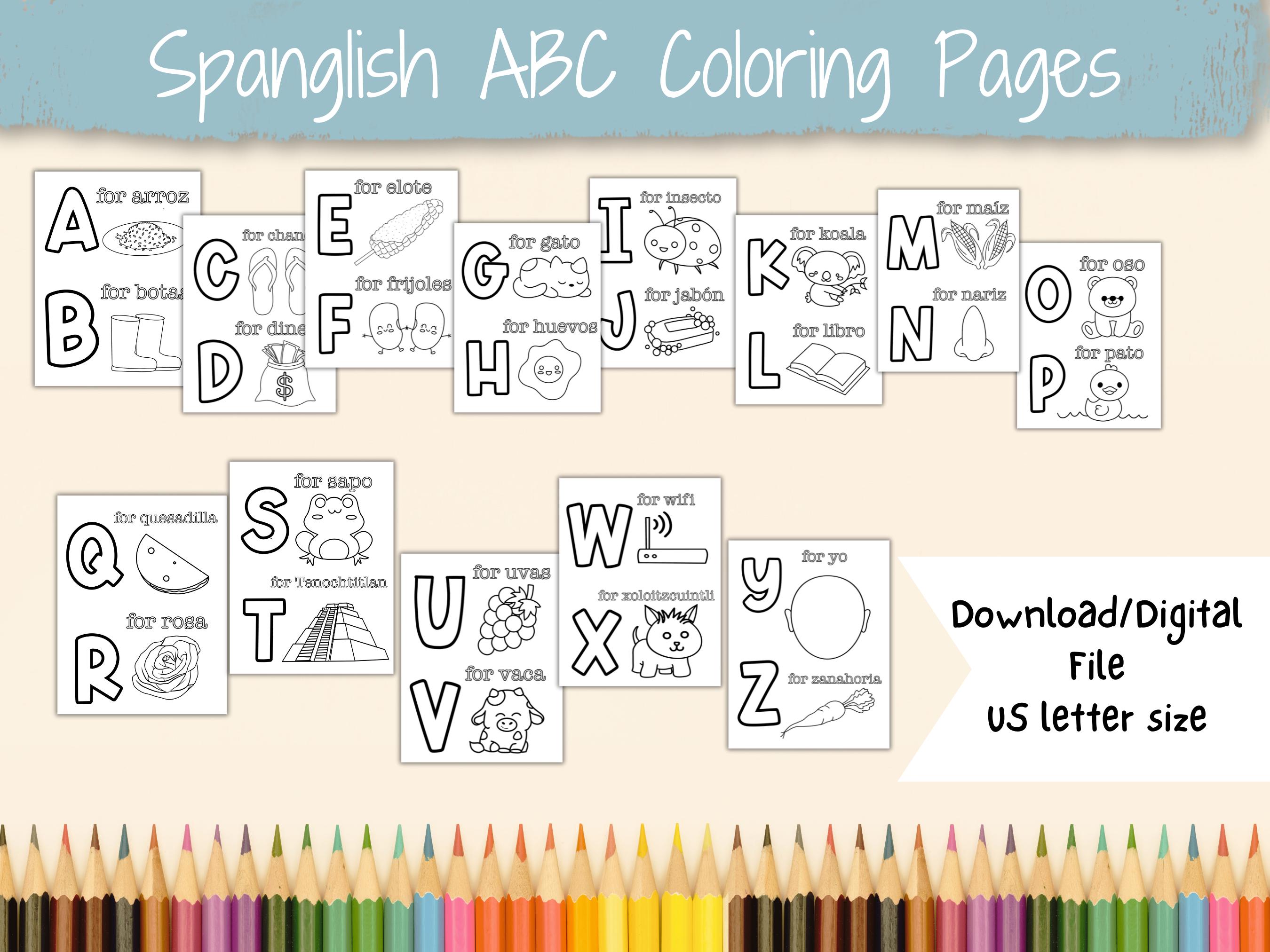 Bilingual Alphabet Coloring Pages, Spanglish Coloring Pages, ABC ...