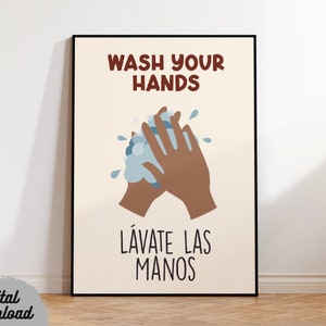 Wash Your Hands Bilingual Spanish, Restroom Art, Wall Art, Classroom ...