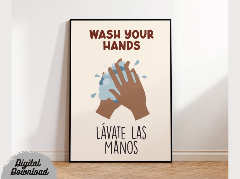 Wash Your Hands Bilingual Spanish, Restroom Art, Wall Art, Classroom ...