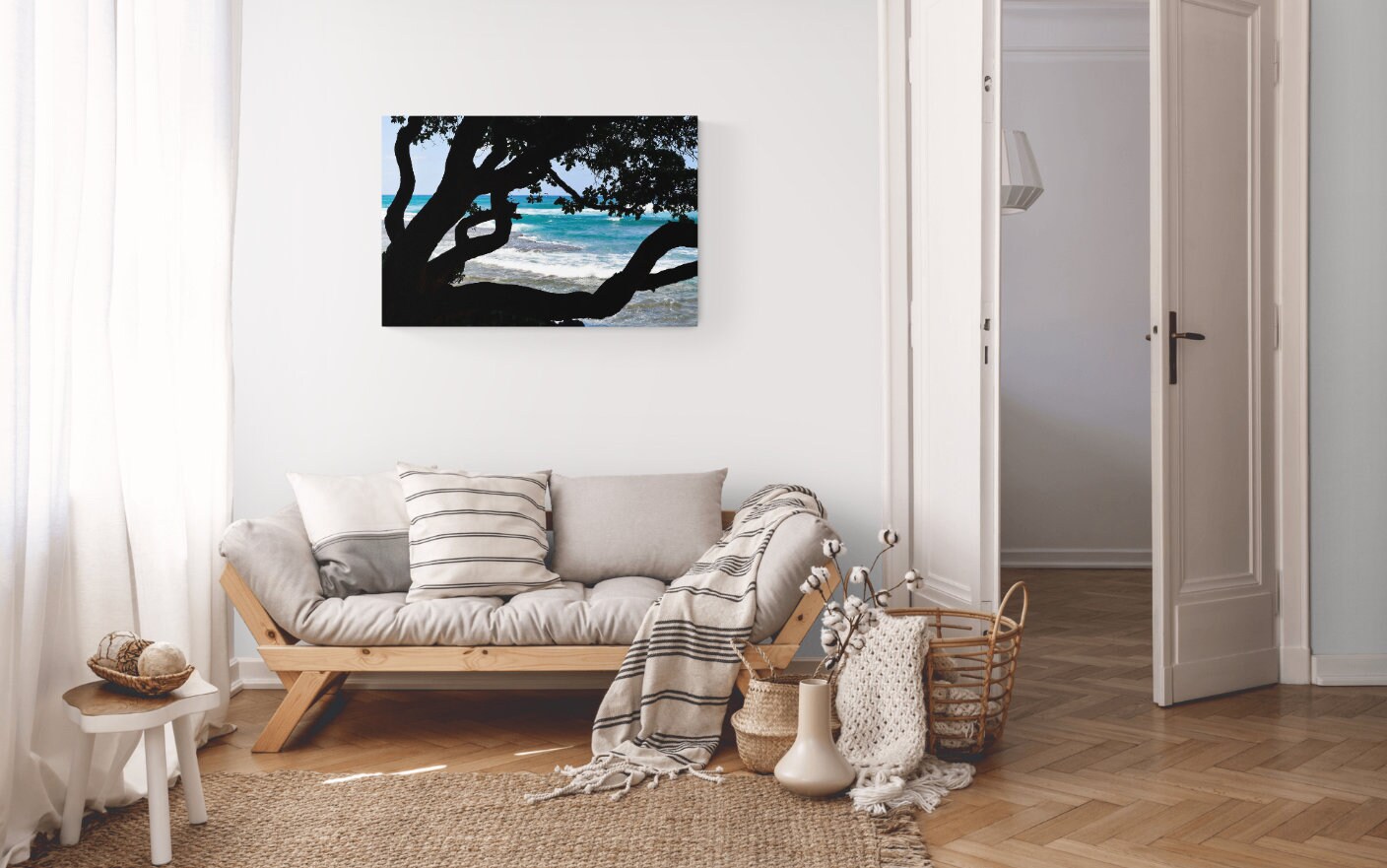 Winding Branches Print, Tree Silhouette, Sunny Coastline, Peaceful Sky ...