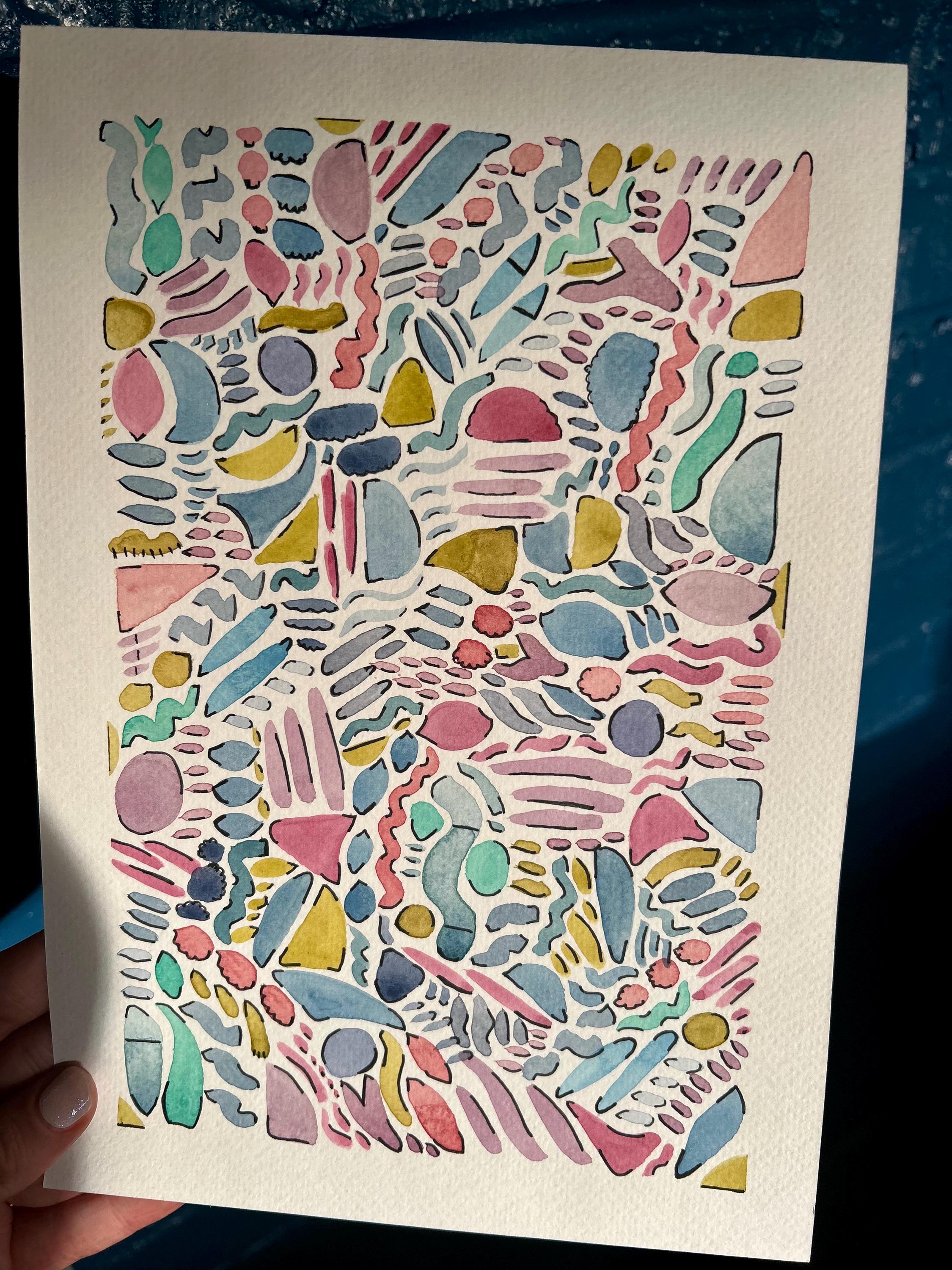 Outlined Shapes, Abstract Watercolor, 7x10, Vibrant, Pastels, Hand ...