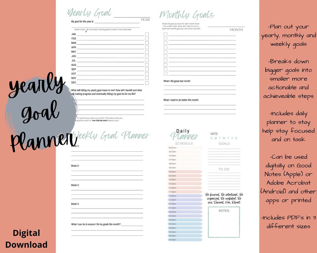 Yearly Goal Planner Break Down Your Goals Planning Schedule Tracker ...