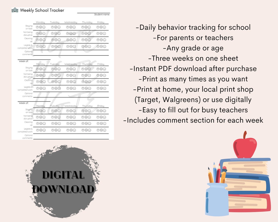 School Student Tracker Parents Teachers Printable Digital Download ...
