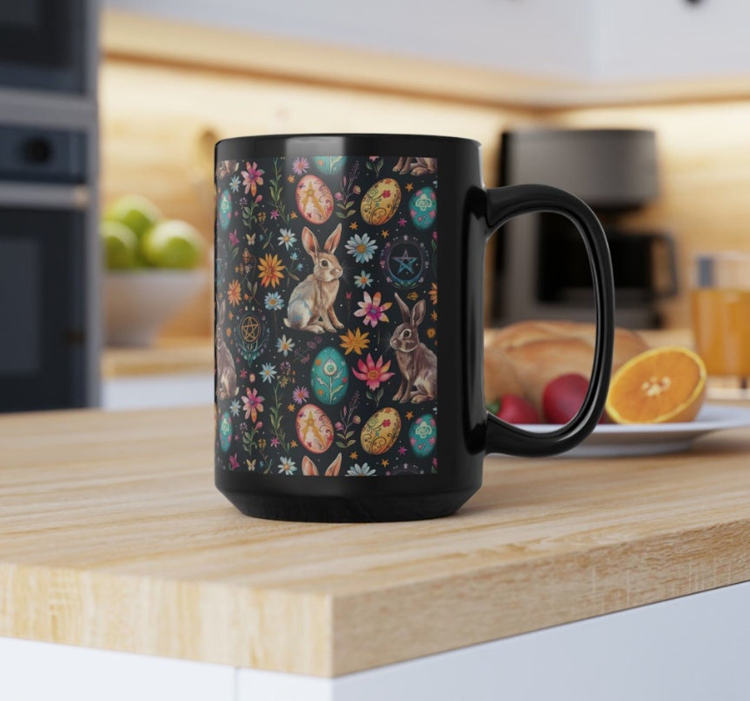 Ostara Black Mug, Wheel of the Year Mug, Pagan Mug, Ostara Gift, Spring ...