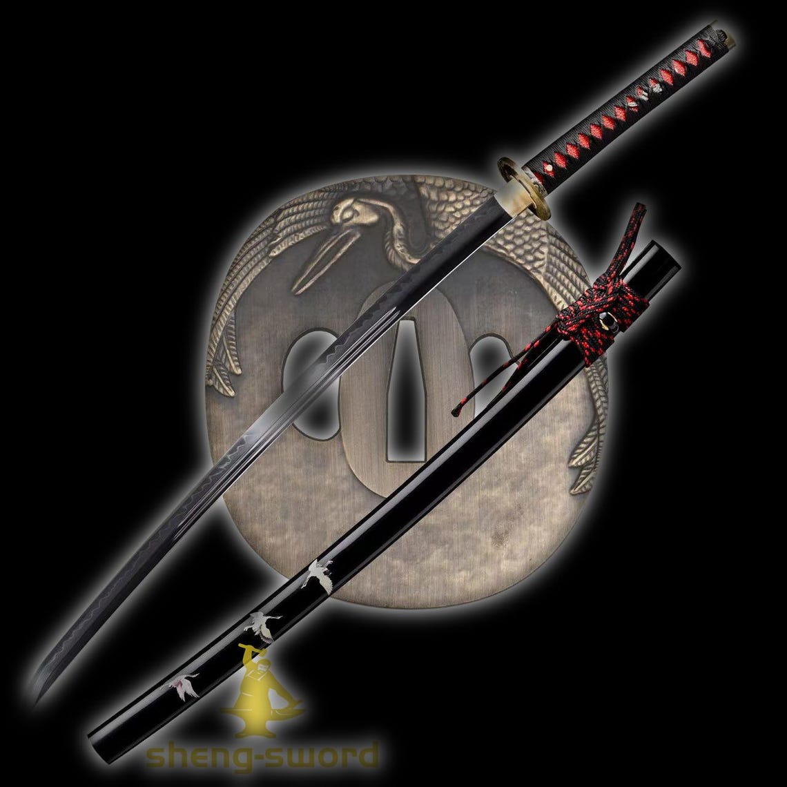 Handmade Japanese Samurai Katana Crane Tsuba Clay Tempered T-10 Steel ...